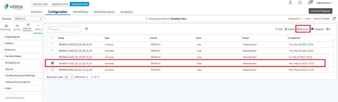Manage Template Snapshots on Versa SD-WAN
