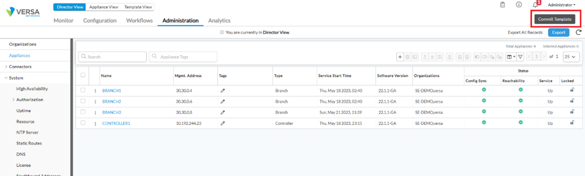 Manage Template Snapshots on Versa SD-WAN